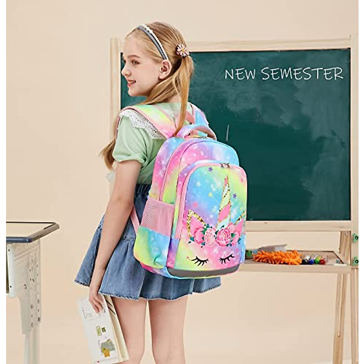 JIANYA Backpack for Girls Kids Backpack with Lunch Box Lightweight Rainbow Preschool Kindergarten Girl Bookbag School Bag