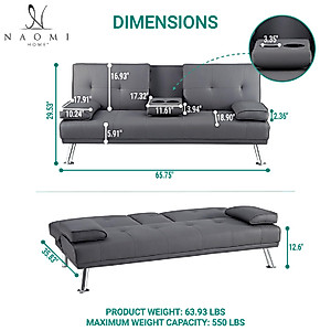 Naomi Home Transform Your Living Space with Comfort Gray Futon Sofa Bed with Armrest, Cupholders, & Reclining Function, Ideal for Cozy Living Rooms! Sofa Bed Couch with Metal Legs, Faux Leather