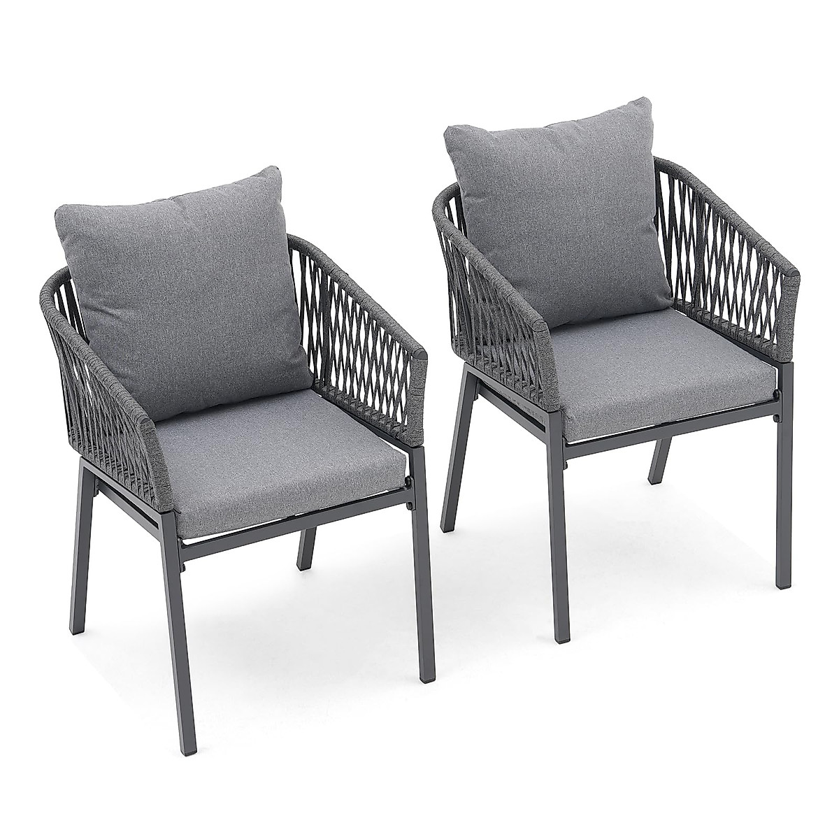 SUNSITT Patio Dining Chairs Set of 2, Outdoor Aluminum Dining Chairs with Woven Rope, All-Weather Patio Arm Chairs w/Cushions, Porch, Garden and Deck, Dary Grey