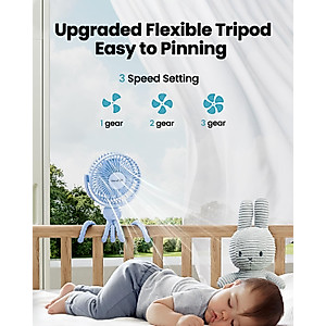 Gaiatop Mini Portable Stroller Fan, Battery Operated Small Clip on, Detachable 3 Speed Rechargeable, 360° Rotate Flexible Tripod Better Cooling for Car Seat Crib Treadmill Travel Blue