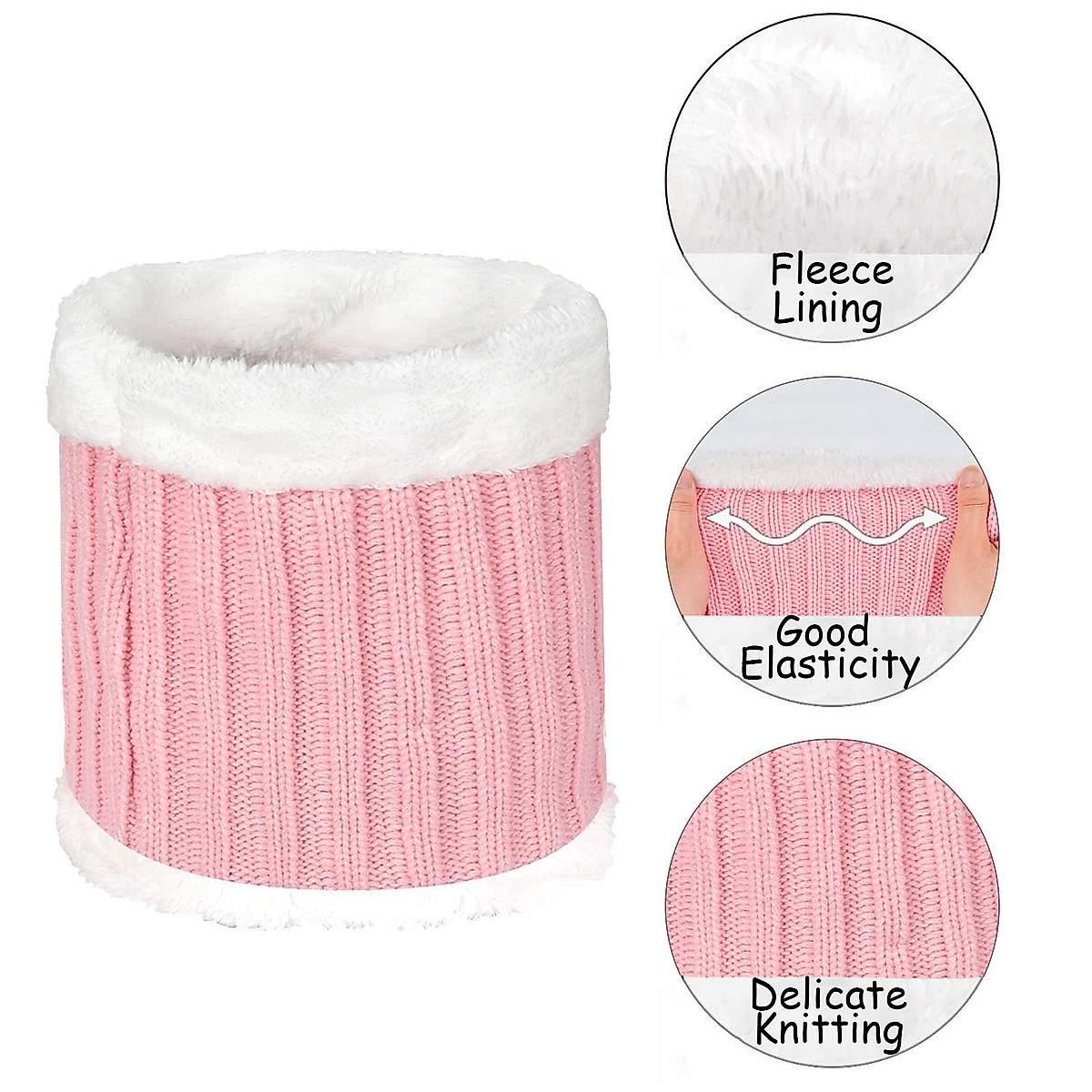 Kids Hat Scarf Gloves Set Girls Winter Warm Knit Beanie Soft Thick Fleece Lining Cap with Cute Double Fur Pom Pom Pink Toddler Children Baby Cold Weather Snow Accessories Crochet 6-10 Years