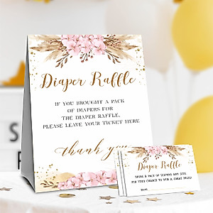 50 Diaper Raffle Tickets and 1 Self-standing Diaper Raffle Sign, Blush Pink Boho Floral Baby Gender Reveal Party Supplies, Gender Neutral Baby Shower Decorations - LBLK-019