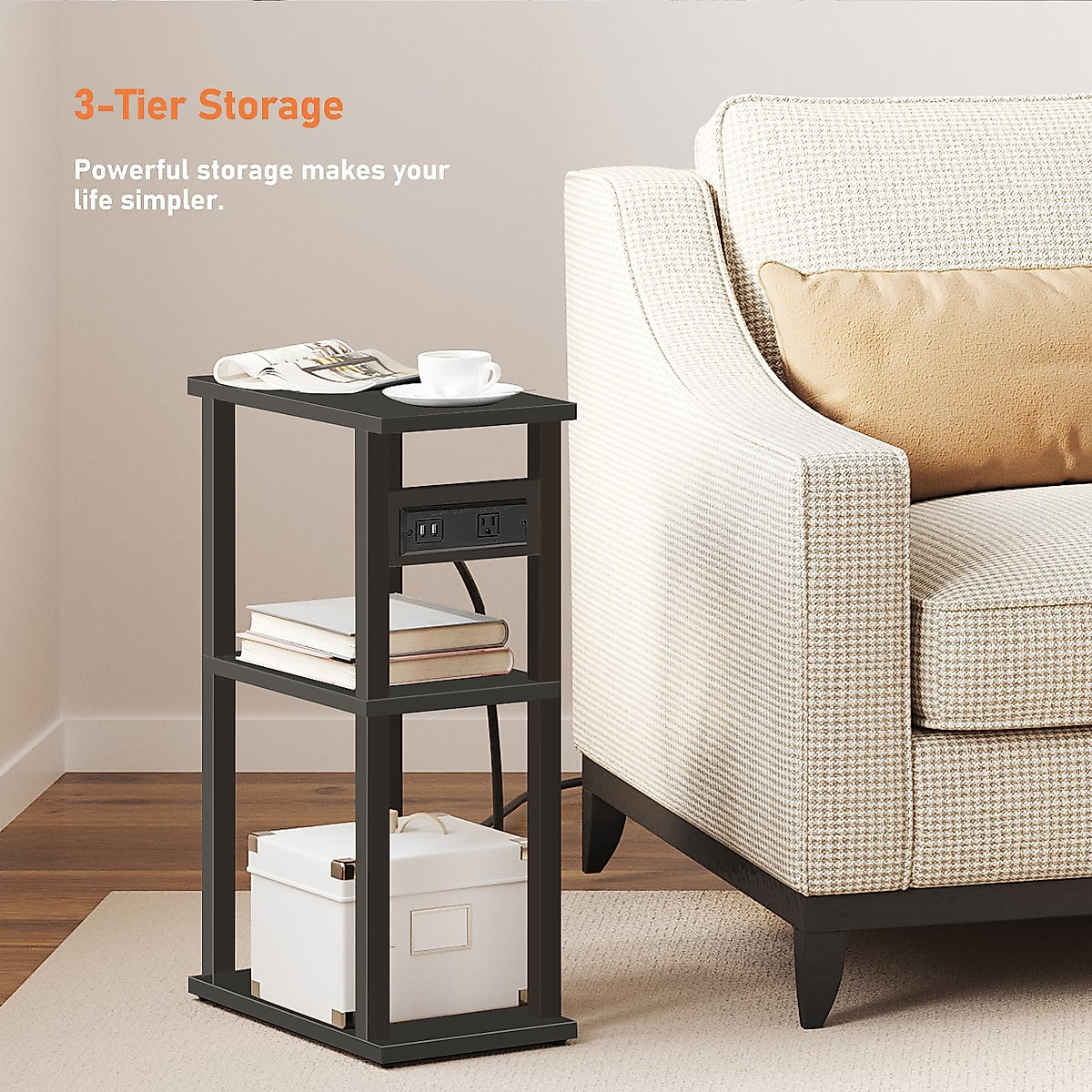 TUTOTAK Small Narrow Side Table with Charging Station, Set of 2 Skinny End Table for Small Spaces, Slim Nightstand with USB Ports and Outlet,Sofa Beside Table with Wheels, Black TB01BK047