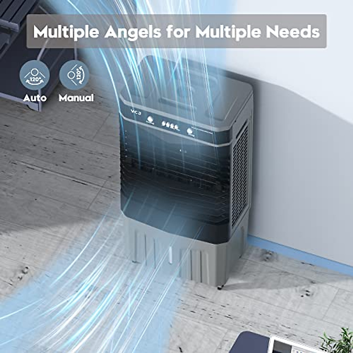 VCJ Portable Evaporative Air Cooler, 3 in 1 Cooling Fan with 6 Ice Crystal Boxes, Large Water Tank and Casters, 3-Mode 3-Speed Air Swamp Cooler for Room Home Office