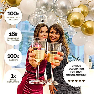 White and Gold Balloon Garland Kit with Gold Silver Confetti - Easy to Assemble 100pcs Premium White and Gold Balloons for Birthday Party - Gold and White Balloon Arch Kit for Baby Shower Balloon Arch