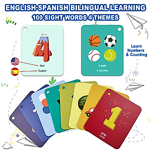 JONZOO Bilingual Baby Flash Cards, 100 Pages Toddler Flashcards with Rings & Holes, Educational Toy for Kids Baby Toddlers Over 6 Months Learn ABCs/Language/Numbers/Animals/Fruits(Visual Cards)