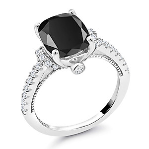 Gem Stone King 925 Sterling Silver Black Onyx and White Created Sapphire Ring | 10X8MM Cushion Cut Gemstone Birthstone Ring For Women | 3.14 Cttw | Available In Size 5, 6, 7, 8, 9