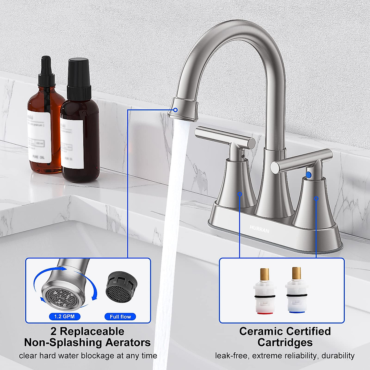 Bathroom Faucets for Sink 3 Hole, Hurran 4 inch Brushed Nickel Bathroom Sink Faucet with Pop-up Drain and Supply Lines, Stainless Steel Centerset Faucets for Bathroom Sink Vanity RV