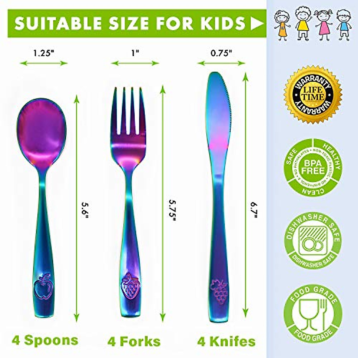 12 Piece Stainless Steel Kids Silverware Set - Child and Toddler Safe Flatware - Kids Utensil Set - Metal Kids Cutlery Set Includes 4 Small Kids Spoons, 4 Forks & 4 Knives - UV Rainbow