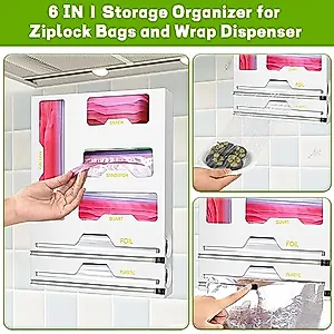 Tclouda Bag Organizer for Ziplock, Foil and Plastic Wrap Organizer, 6 in 1, Bamboo Dispenser with Cutter for Kitchen Drawer and Wall Mounted, Storage for Gallon, Quart, Sandwich, Snack, White
