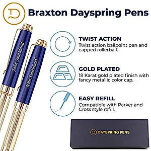 Dayspring Pens Personalized Braxton Ballpoint and Rollerball Pen Set - Blue. Real 18krt Gold Plated Gift Set for a Man or Women, Custom Engraving is Included. Comes in Pen Case