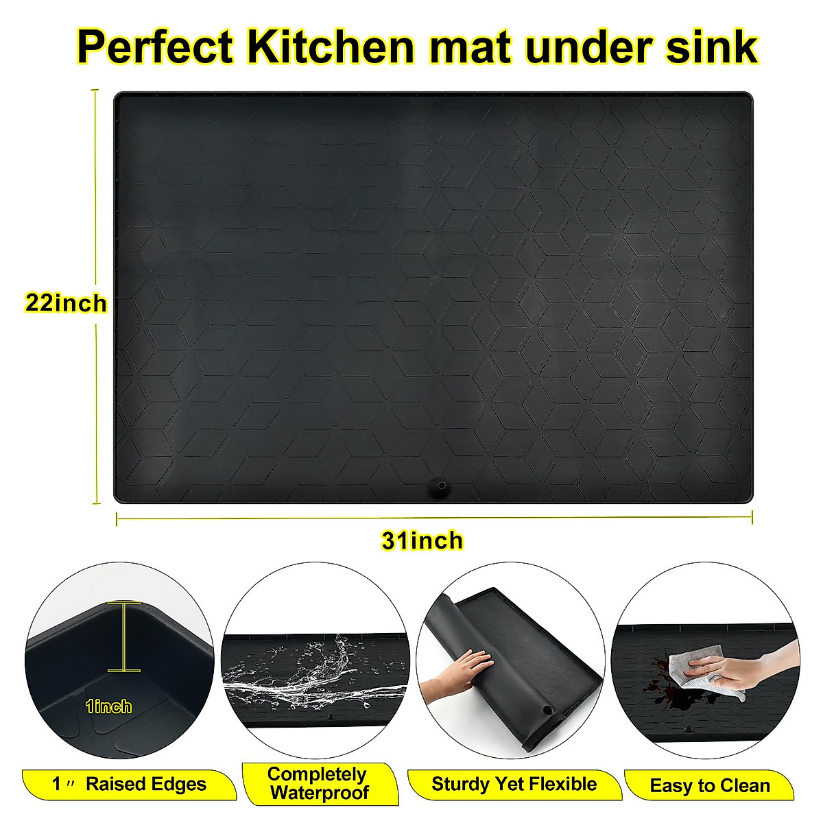 Under Sink Mat, BUDO 31"x 22" Under Sink Pad for Kitchen Waterproof, Silicone Under Sink Liner Drip Tray with Unique Drain Hole, Cabinet Protector Mats for Kitchen & Bathroom (Black)