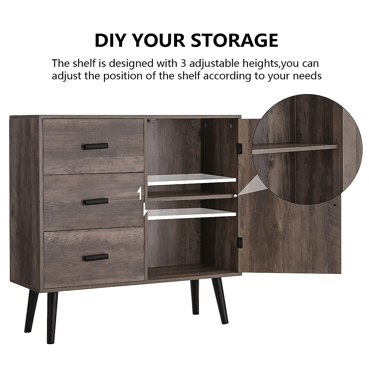 Iwell Storage Cabinet with 3 Drawers and Adjustable Shelf, Sideborad Buffet Cabinet with Door, Accent Cabinet for Living Room, Entryway, Hallway, Rustic Oak