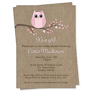 Owl Baby Shower Invitations Baby Girl Pink Burlap Kraft Country Shabby Chic Barn Hoot Custom Printed Invites (12 Count)