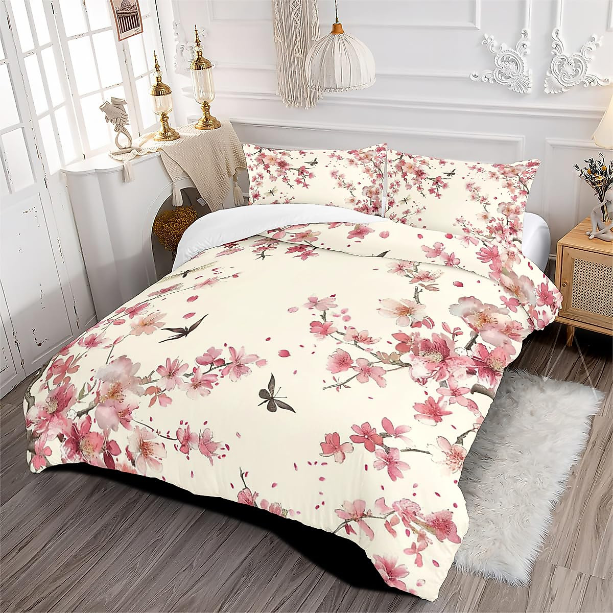 CCoutueChen Japanese Cherry Blossoms Duvet Cover Set King Size Pastel Pink Floral Comforter Bedding Set Nature Duvet Covers for Girls Women Adults Exquisite Flowers Duvet Cover with 2 Pillowcases