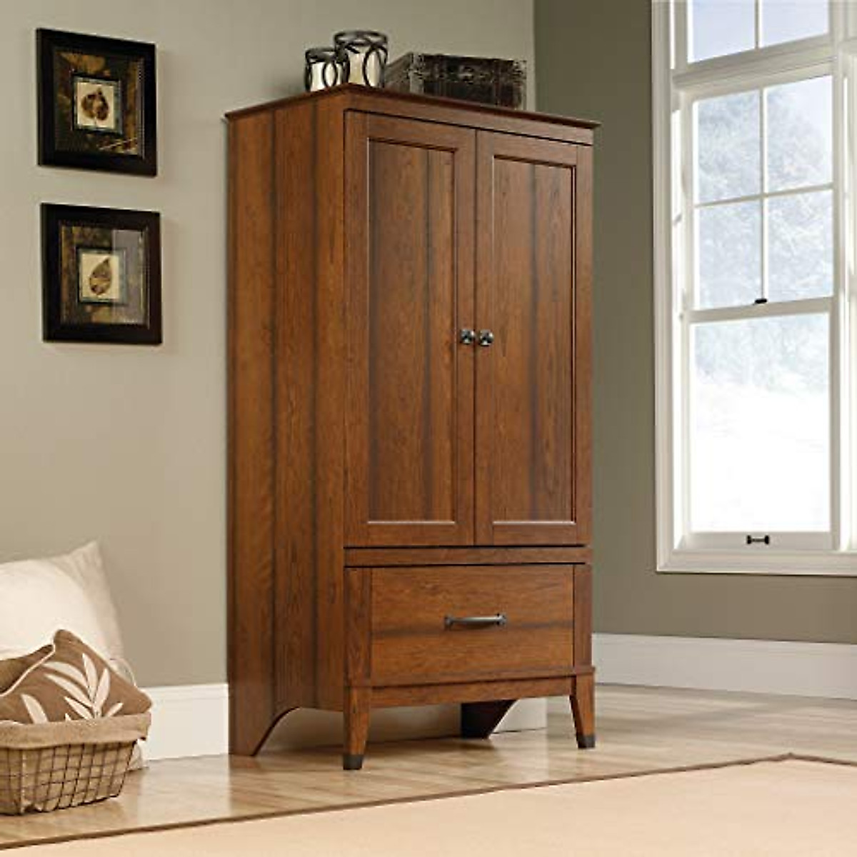 Sauder Carson Forge Armoire, Washington Cherry Finish & Shoal Creek Dresser, Oiled Oak Finish