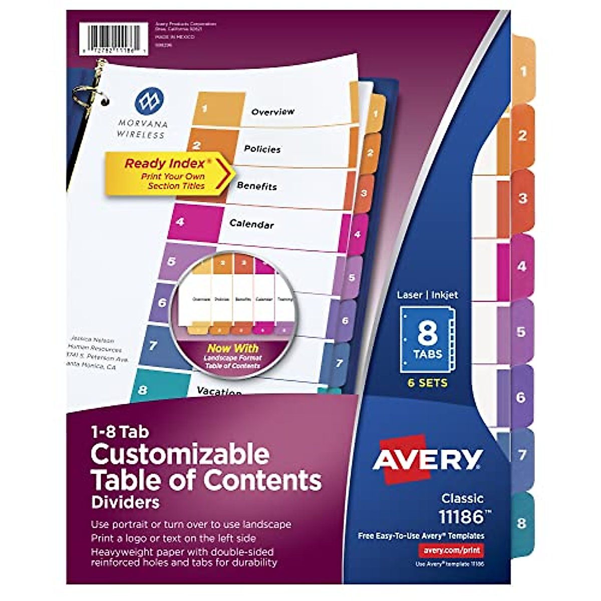 Avery 8-Tab Dividers for 3 Ring Binders, Customizable Table of Contents, Multicolor Tabs, 6 Sets (11186)