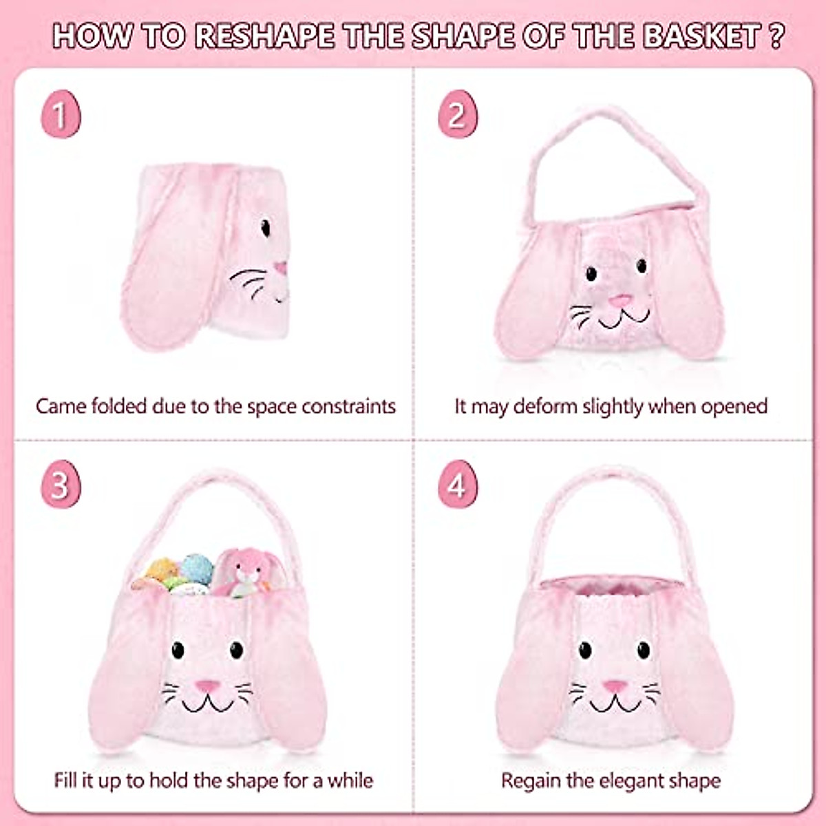 Senneny Easter Baskets for Kids, Personalized Plush Bunny Basket Gift for Girls Boys, Cute Fluffy Eggs Hunting Buckets Bags with Foldable Rabbit Ears, Pink