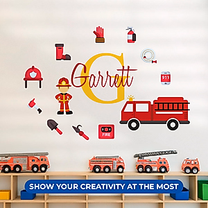CRYPTONITE Personalized Name & Initial Firetruck Wall Decals for Kids Rooms I Baby Boy Nursery Decor I Toddler Boy Room Decor Firetruck I Firetruck Birthday Decorations (Wide 30"x 19" Height)