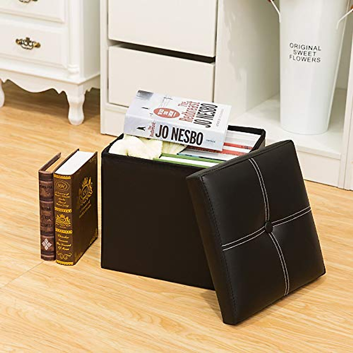 YCOCO Faux Leather Small Square Foot Rest Stools,Foot Stool with Storage,Folding Storage Ottoman Footrest Stool for Faux Leather Ottoman Chest,Toy Box Chest,11.8"X11.8"X11.8",Black Pack of 1