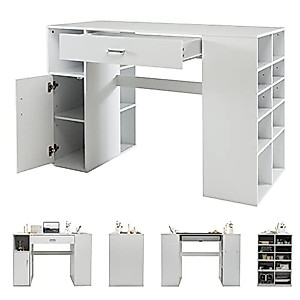 MJWDP Counter Height Sewing Craft Desk Computer Desk with Adjustable Shelves and Drawers