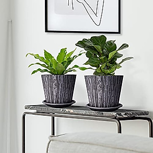 JOFAMY Thickened 8 Inch Plant Pots, 4-Pack Sturdy Plastic Planter with Drainage Holes & Saucers, Large Tree Texture Pattern Indoor Flower Pots & Outdoor Plants Decorative