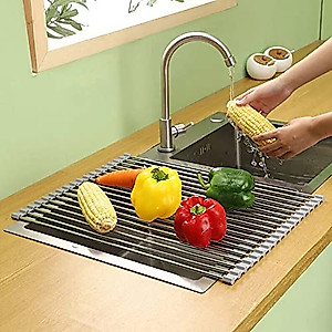 HCXMDY Roll Up Dish Drying Rack Over The Sink Kitchen,Stainless Steel Drying Rack for Farmhouse Sink,Rv Sink Cover ​Kitchen Sink Accessories,Telescopic Sink Rack(L:20" - 11",W:13")