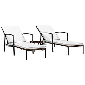 Natulvd 2 Pcs Outdoor Patio Chaise Lounge with Table and Cushion for Porch Garden, Sun Lounger with Armrests & 4 Positions for Balcony Beach Yard - Brown
