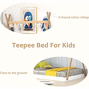Full Size Teepee Bed for Kids,Tent Floor Bed Frame with Triangle Structure,Montessori Floor Bed for Girls Boys(Full,White)
