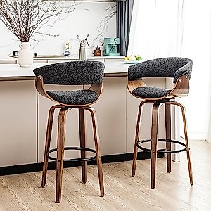 glitzhome Bar Stools Set of 2, 28’’ Swivel Barstools with Curved Back, Bar Height Stools Bar Chairs with Backrest, Footrest, Solid Bentwood Frame, Black