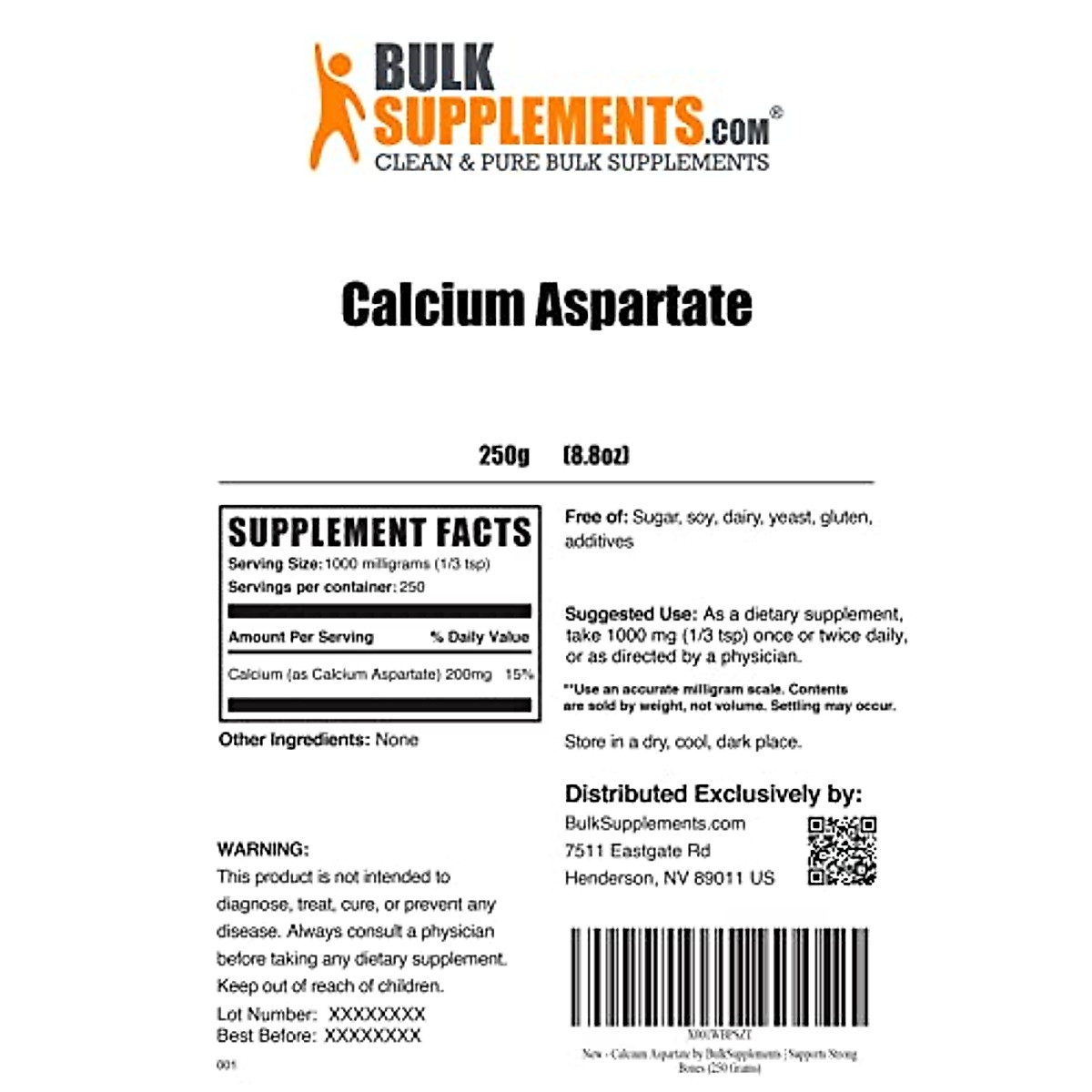 BulkSupplements.com Calcium Aspartate Powder - Calcium Supplement Powder - Calcium Aspartate 200mg - Vegan Calcium - 1000mg (200mg Calcium) per Serving, 250 Servings (250 Grams - 8.8 oz)