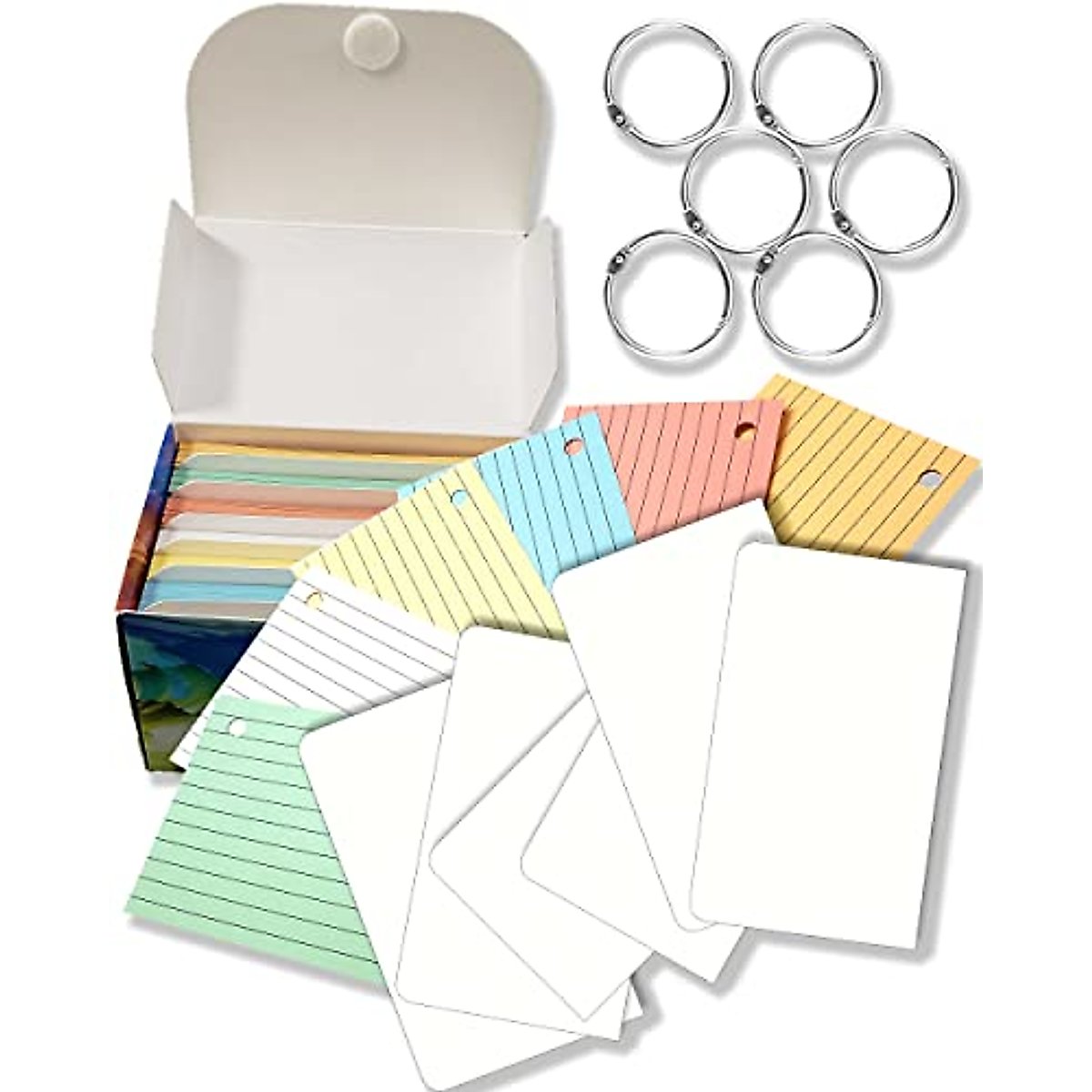 300 ruled index cards with rings (3" x 5") in 6 colors, with storage box. Ideal for students, teachers, note-taking, and language learning. Made in USA.