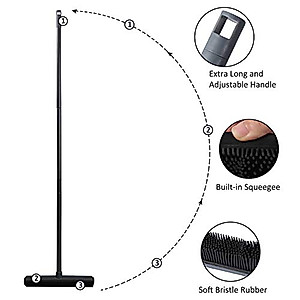 LCF Pet Hair Removal Broom Carpet Rake Telescoping Broom Outdoor Carpet Brush for Pet Dog Hair Removal Handle Rubber Broom with Squeegee 48.83'' Bristles Rug Rake Sweeper Heavy Duty,Grey