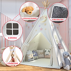 Kids Teepee Tent with Padded Mat & Light String, Washable Foldable Play Tent, Natural Cotton Canvas Teepee Indoor Outdoor Playhouse for Toddler, for 3 4 5 6 7 8 9 10 Boys and Girls