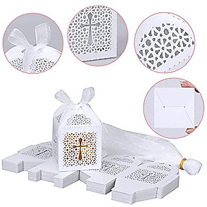 KPOSIYA 70 Pack Baptism Favor Boxes,Laser Cut Candy Boxes with Ribbons, Party Favor Small Gift Boxes for Baby Shower Baptism Decorations First Birthday Party Christening Favor (White-70)