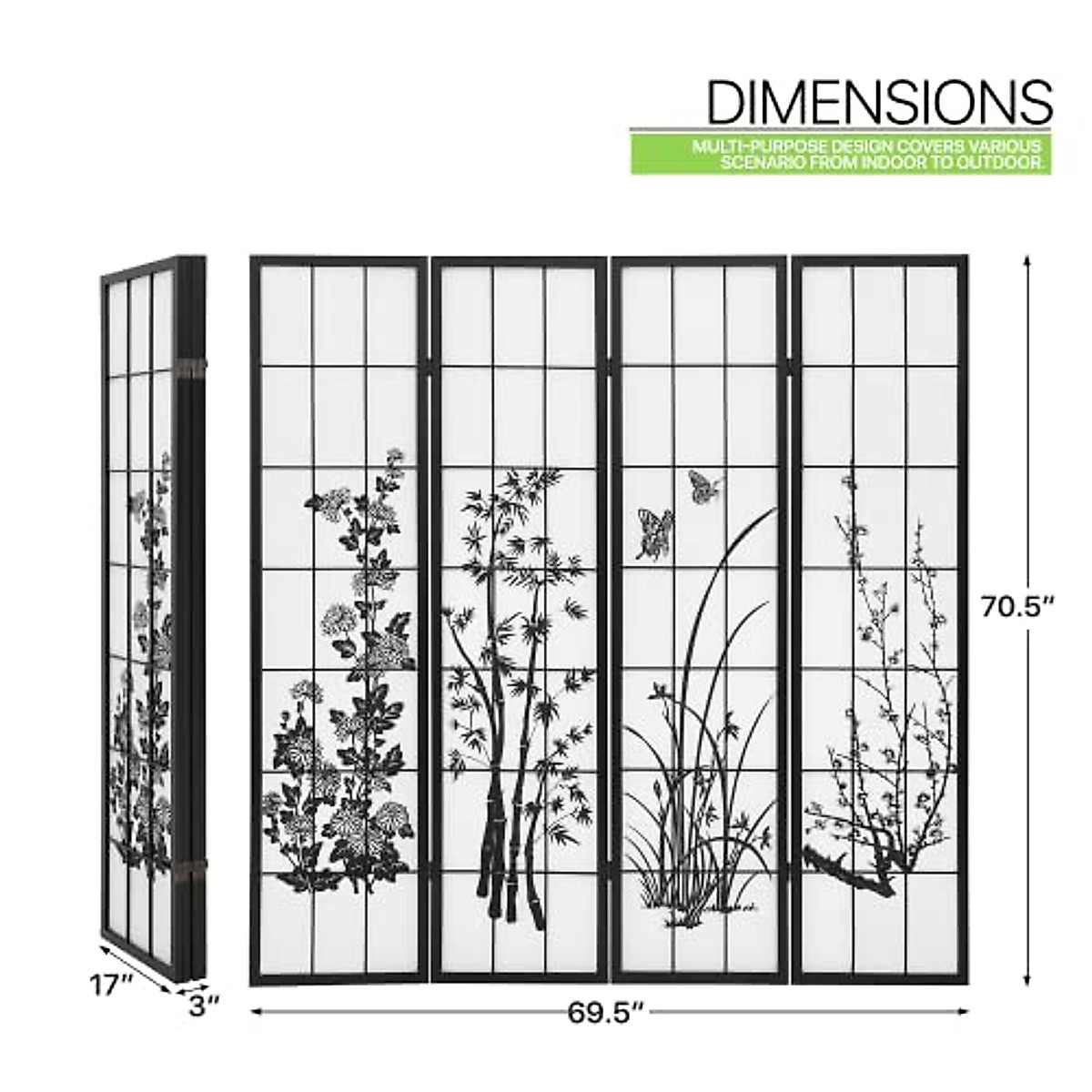 Magshion Folding Room Dividers 5.9ft 4-Panel Portable Room Separators Divider Wall, Oriental Ink Four Noble Ones Print Folding Room Dividers Freestanding Black Screen for Home Office