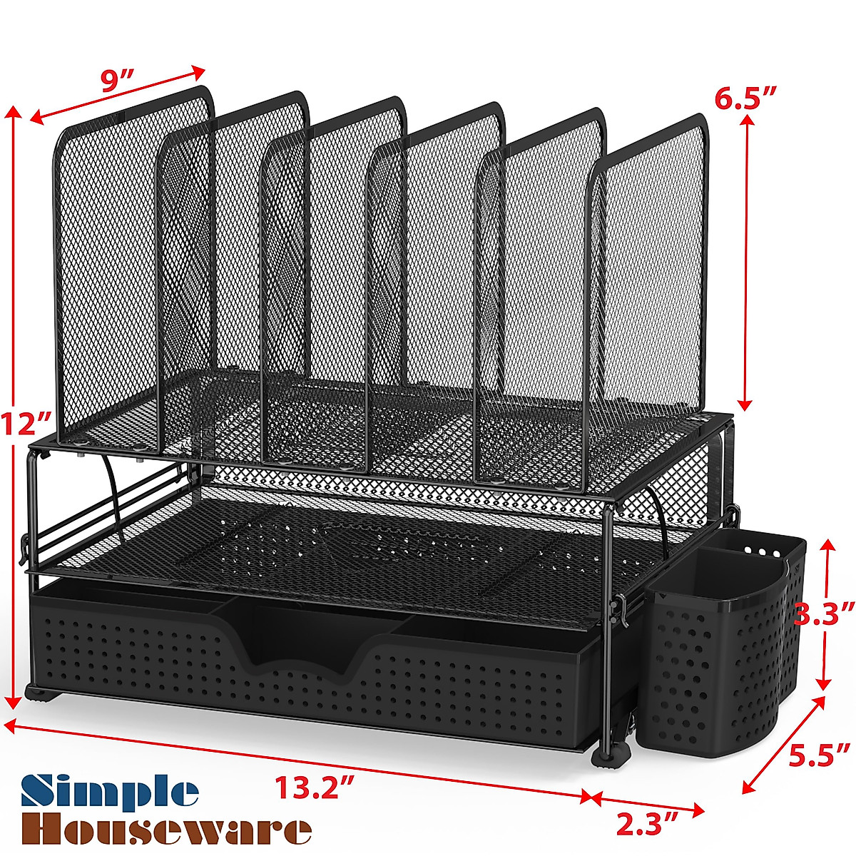 SimpleHouseware Mesh Desk Organizer with Sliding Drawer, Double Tray and 5 Upright Sections, Black