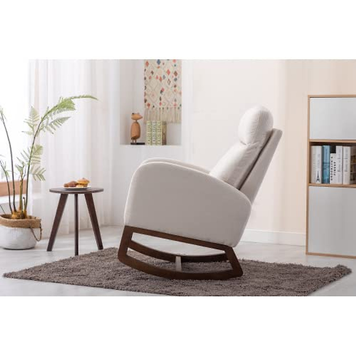 Zaboro Rocking Chair with Side Pocket, Rocker Glider Chair with Wood Base, Uplostered Armchair with High Backrest, Sofa Chair, Side Chair for Living Room Bedroom Office