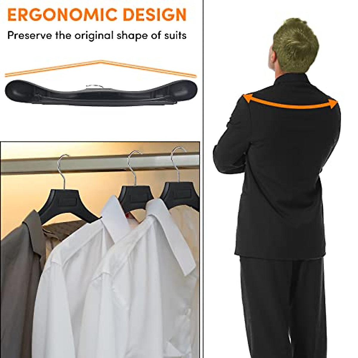 DEDU Plastic Extra Wide Shoulder Suit Hangers for Men 20 Pack Width 17.3", Black Sweater Hangers no Shoulder Bump Non Slip for Thick Sweaters, Clothes Hangers with Pants Bar 360° Swivel Metal Hook