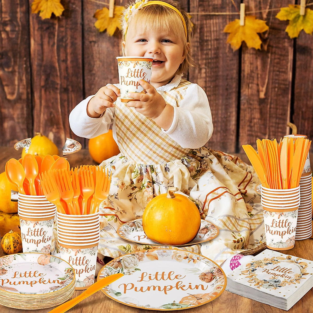 Dandat 350 Pcs Baby Shower Plates Set Baby Shower Party Supplies Serves 50 Tableware Sets Include Plates Napkin Cup Forks Knives Spoons Disposable Dinnerware for Boy Girl(little pumpkin)