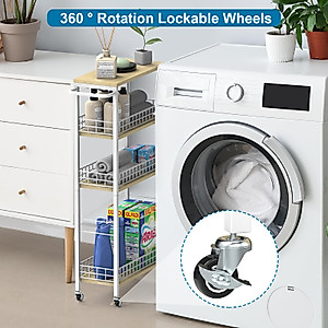 Slim Storage Cart 4-Tier Rolling Kitchen Utility Cart White Narrow Slide Out Laundry Storage Cart on Wheels and Wood Table Top Mobile Shelving Unit Organizer Trolley for Bathroom Small Space 7.3 W