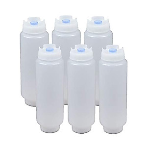 FIFO Squeeze Bottle Refillable 16 oz | Blue Tip Large Valve Dispenser for Thick Condiments, Sauces, Batter and Dressing | Self Sealing No Drip No Hassle | (6 Pack)