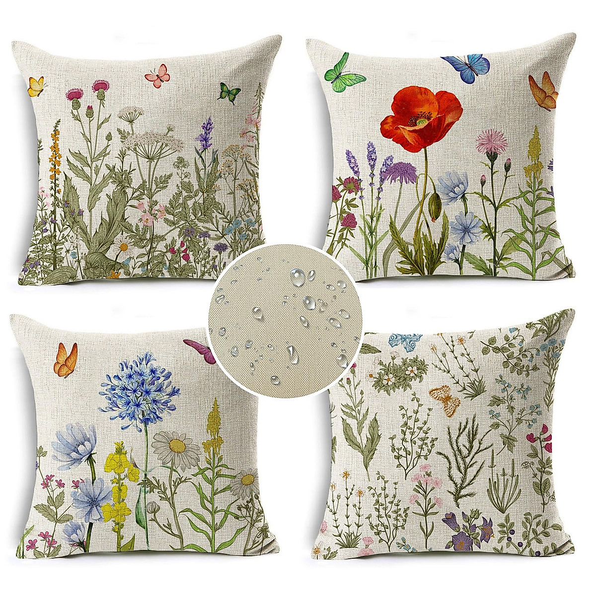 Outdoor Pillows Waterproof Flower Cushion Covers 45 x 45 cm Both Sides Garden Floral Butterfly Decorative Throw Pillow Covers Polyester Linen Pillowcase for Set of 4 outdoor pillow covers 18x18