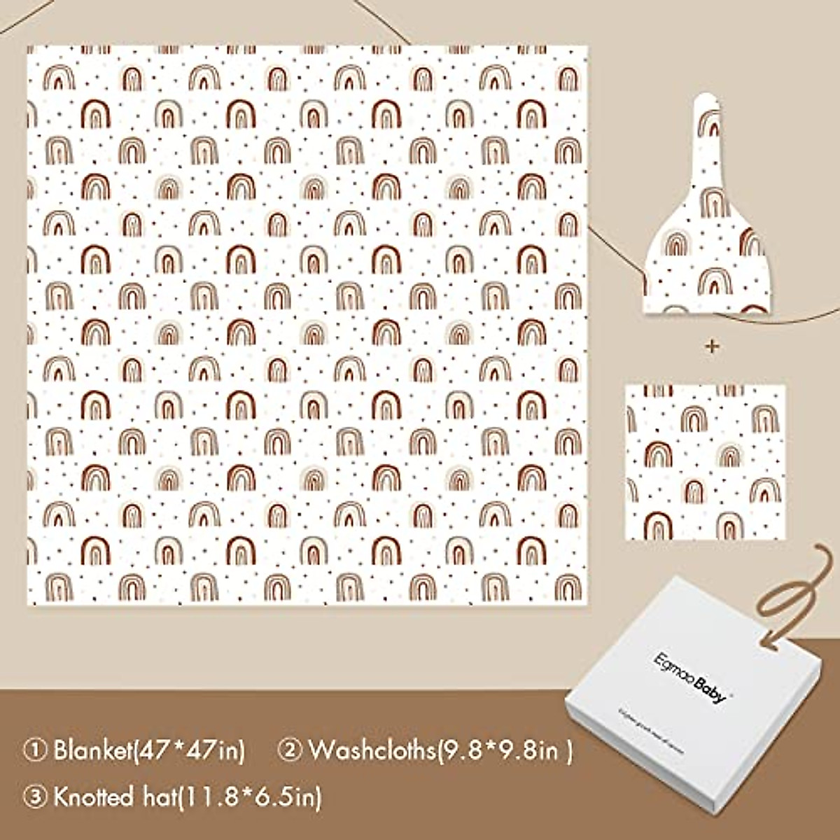 Baby Swaddle Blankets Set with Matching Hat and Drool Cloth Organic Cotton Muslin Blanket Soft Newborn Wrap Receive Blanket Photography Prop Large 47 * 47 Shower Gifts for Boys Girls(Rainbow)