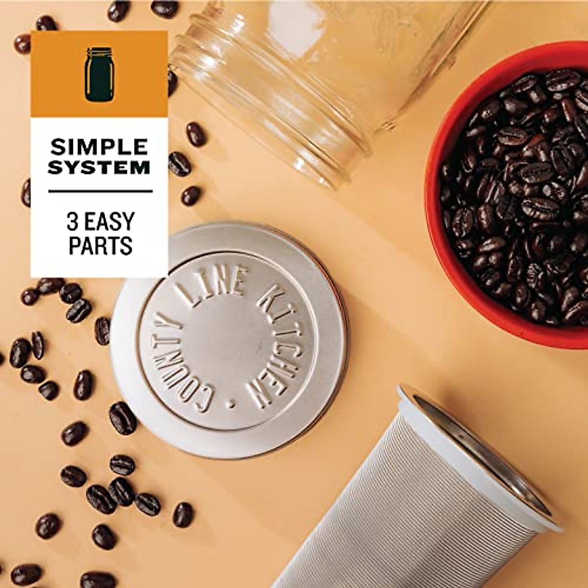 County Line Kitchen - Cold Brew Mason Jar Coffee Maker, Durable Glass, Heavy Duty Stainless Steel Filter and Lid - 2 Quart, (64 oz / 1.9 Liter)