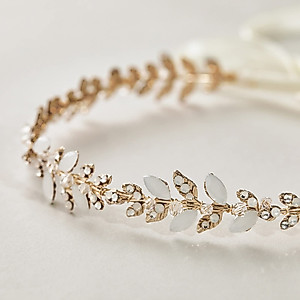 SWEETV Leaf Bridal Headpieces for Wedding Headband Crystal Opal Bridal Hair Accessories Flower Girl Brides Hair Pieces Gold