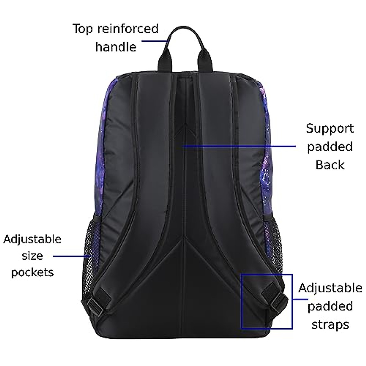 FUEL Wide Mouth Sports Luggage Backpack with Front Bungee and Inner Tech Pocket, Black/Hot Pink/Galaxy Print