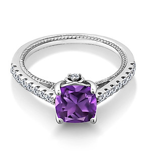 Gem Stone King 925 Sterling Silver Cushion 7MM Gemstone Birthstone and White Created Sapphire Engagement Ring | Wedding Engagement Anniversary Promise Ring For Women