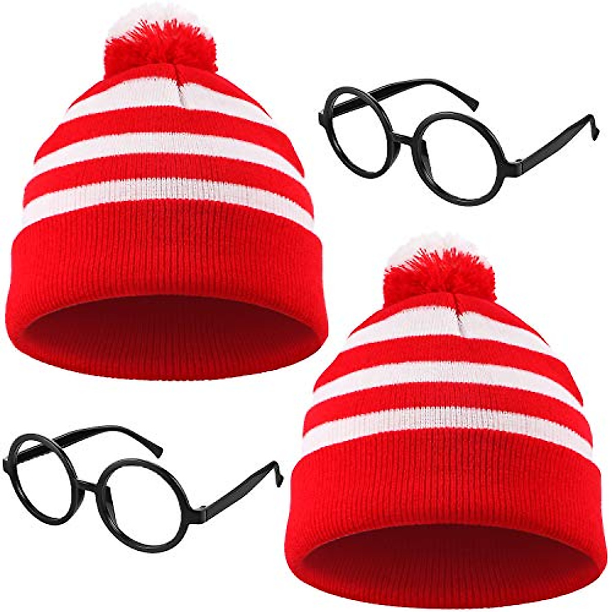 Geyoga 4 Pieces Red White Knit Beanies Hat and Glasses Frames Set Costumes Red White Pom Pom Cuff Beanie Hat and Round Retro Nerd No Lenses Glasses for Christmas Costumes Party Accessory