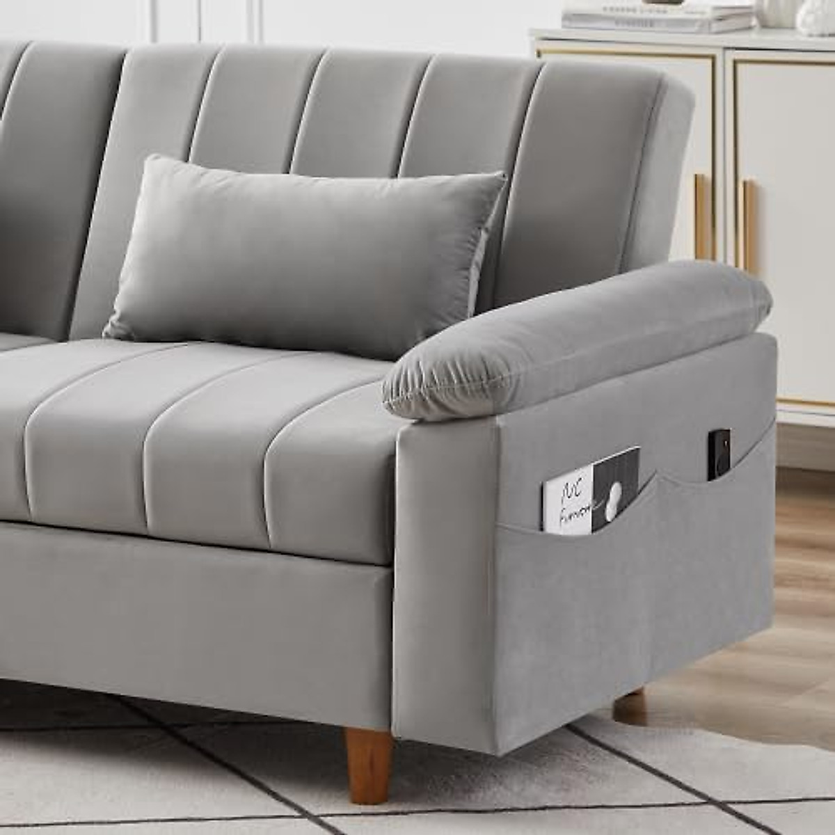 akucvor 69" Sleeper Sofa, Convertible Futon Loveseats Sofa, Sleeper Velvet Sofa Couch Bed with Storage for Living Room Bedroom, Pokcets, Gray